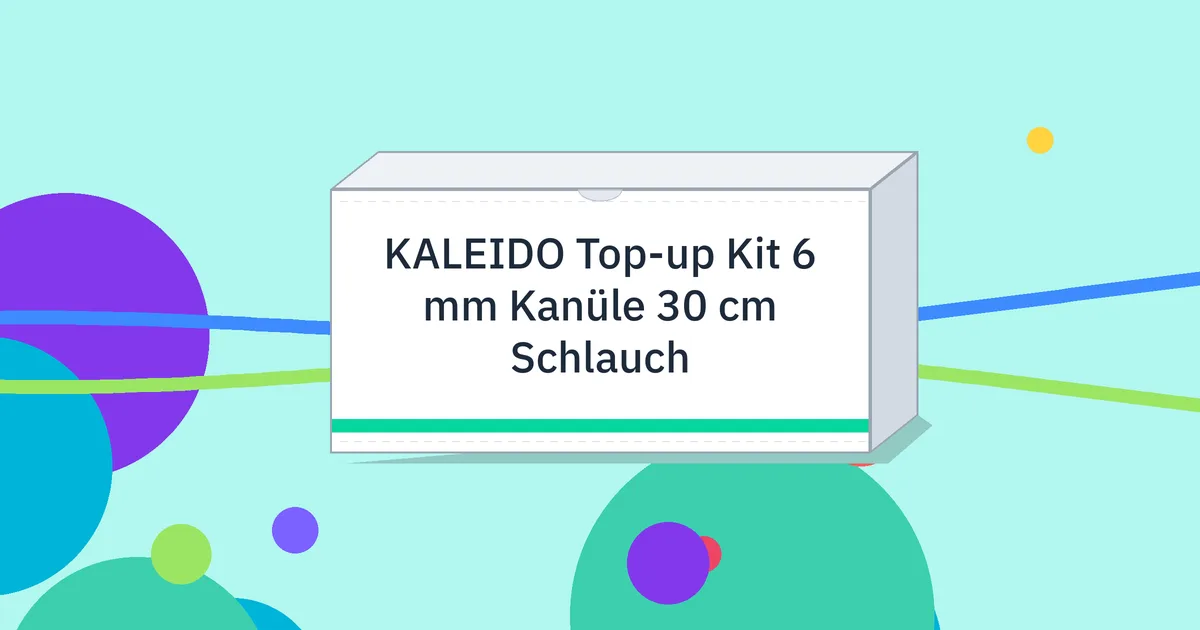 Symbolbild: Packung mit der Aufschrift KALEIDO Top-up Kit 6 mm Kanüle 30 cm Schlauch (PZN 20916362) – Verfügbarkeit und Bezug in Apotheken in Frankfurt am Main