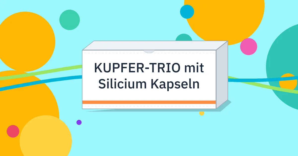 Symbolbild: Packung mit der Aufschrift KUPFER-TRIO mit Silicium Kapseln (PZN 19482266) – Verfügbarkeit und Bezug in Apotheken in Frankfurt am Main