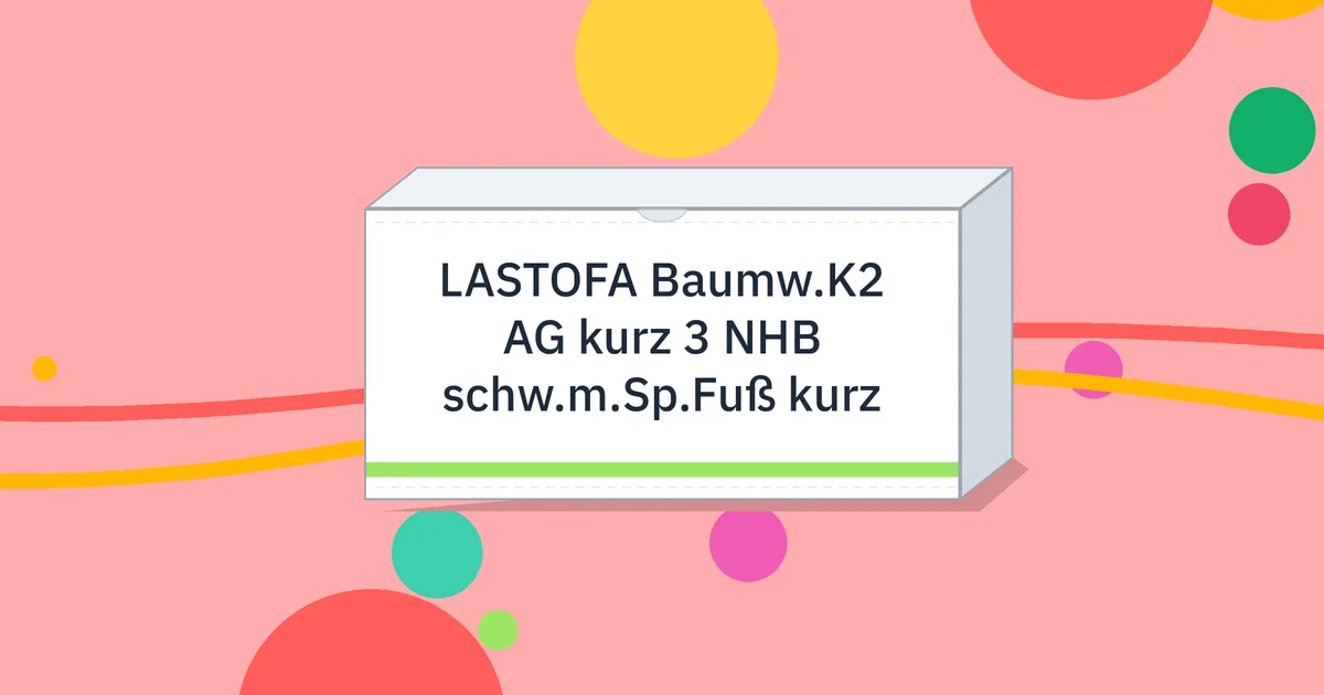 Symbolbild: Packung mit der Aufschrift LASTOFA Baumw.K2 AG kurz 3 NHB schw.m.Sp.Fuß kurz (PZN 01948132) – Verfügbarkeit und Bezug in Apotheken in Frankfurt am Main