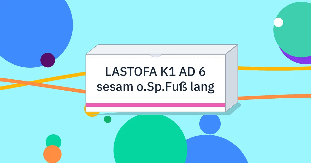 Symbolbild: Packung mit der Aufschrift LASTOFA K1 AD 6 sesam o.Sp.Fuß lang (PZN 14146902) – Verfügbarkeit und Bezug in Apotheken in Frankfurt am Main