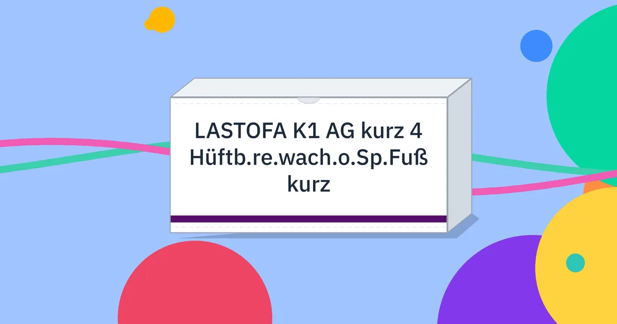 Symbolbild: Packung mit der Aufschrift LASTOFA K1 AG kurz 4 Hüftb.re.wach.o.Sp.Fuß kurz (PZN 13798488) – Verfügbarkeit und Bezug in Apotheken in Frankfurt am Main