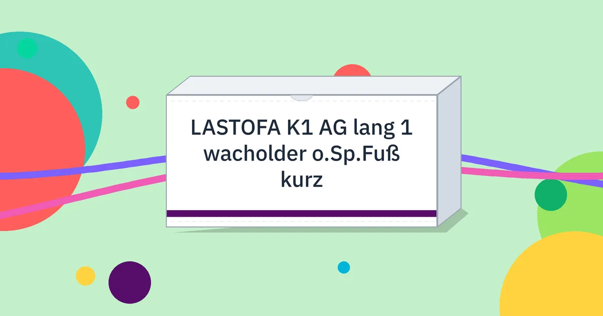 Symbolbild: Packung mit der Aufschrift LASTOFA K1 AG lang 1 wacholder o.Sp.Fuß kurz (PZN 13788900) – Verfügbarkeit und Bezug in Apotheken in Frankfurt am Main