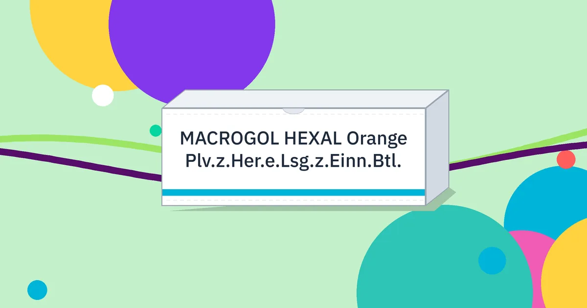 Symbolbild: Packung mit der Aufschrift MACROGOL HEXAL Orange Plv.z.Her.e.Lsg.z.Einn.Btl. (PZN 11553699) – Verfügbarkeit und Bezug in Apotheken in Frankfurt am Main