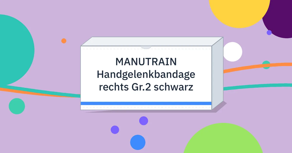 Symbolbild: Packung mit der Aufschrift MANUTRAIN Handgelenkbandage rechts Gr.2 schwarz (PZN 07552286) – Verfügbarkeit und Bezug in Apotheken in Frankfurt am Main