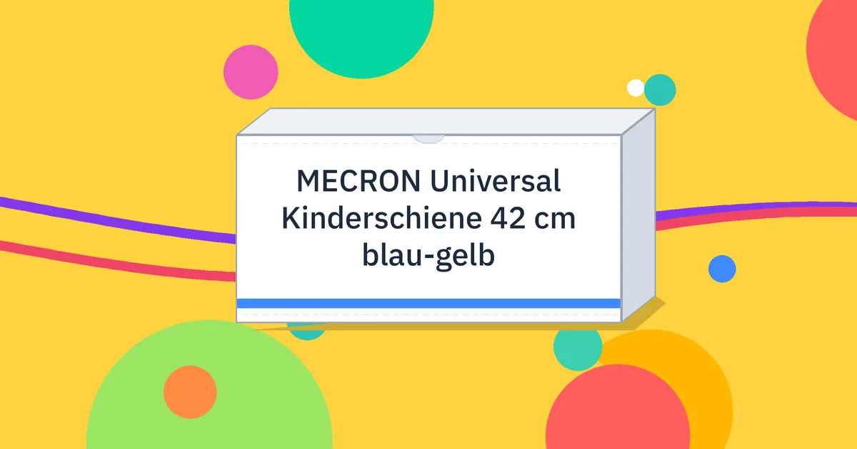 Symbolbild: Packung mit der Aufschrift MECRON Universal Kinderschiene 42 cm blau-gelb (PZN 02907514) – Verfügbarkeit und Bezug in Apotheken in Frankfurt am Main