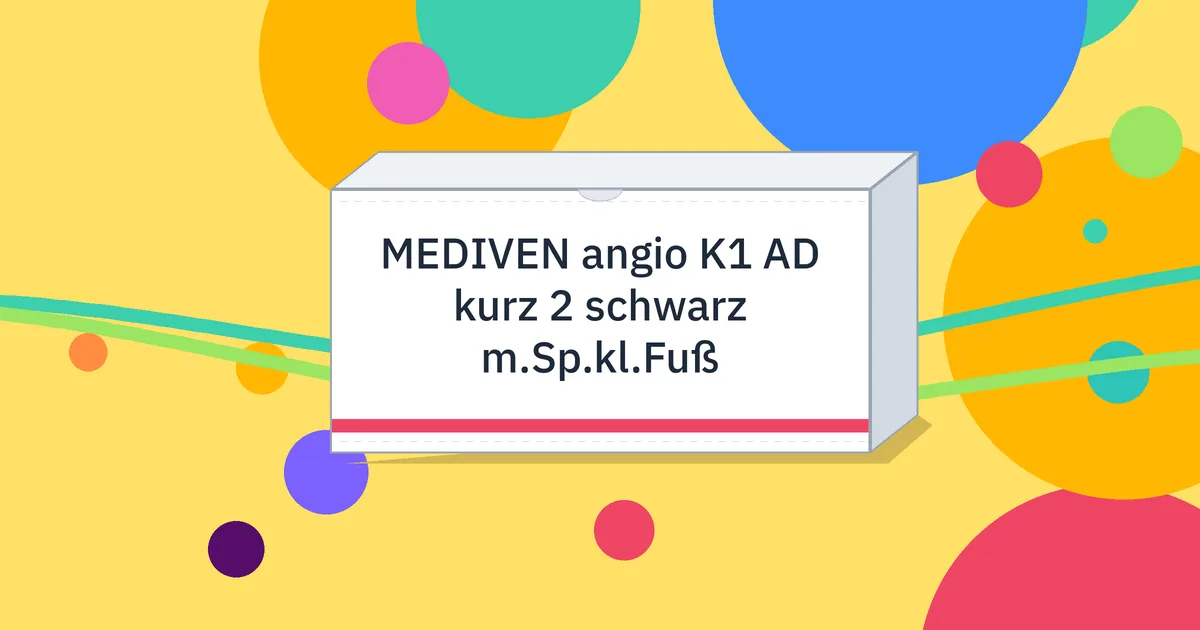 Symbolbild: Packung mit der Aufschrift MEDIVEN angio K1 AD kurz 2 schwarz m.Sp.kl.Fuß (PZN 17210428) – Verfügbarkeit und Bezug in Apotheken in Frankfurt am Main