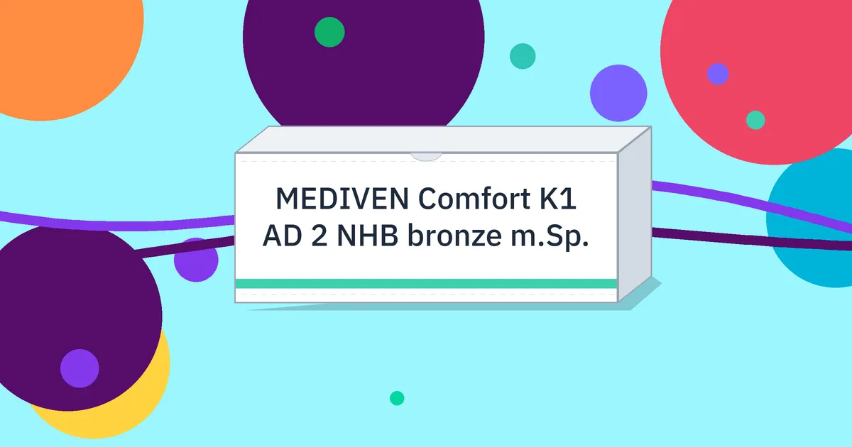 Symbolbild: Packung mit der Aufschrift MEDIVEN Comfort K1 AD 2 NHB bronze m.Sp. (PZN 14560458) – Verfügbarkeit und Bezug in Apotheken in Frankfurt am Main