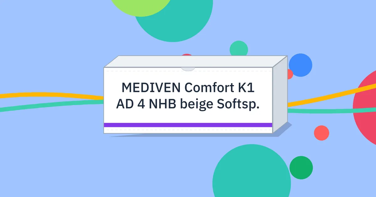 Symbolbild: Packung mit der Aufschrift MEDIVEN Comfort K1 AD 4 NHB beige Softsp. (PZN 14560808) – Verfügbarkeit und Bezug in Apotheken in Frankfurt am Main