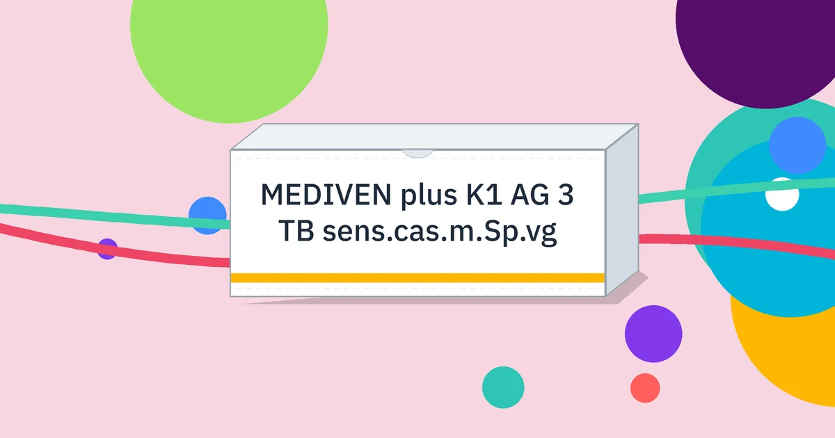 Symbolbild: Packung mit der Aufschrift MEDIVEN plus K1 AG 3 TB sens.cas.m.Sp.vg (PZN 15063845) – Verfügbarkeit und Bezug in Apotheken in Frankfurt am Main