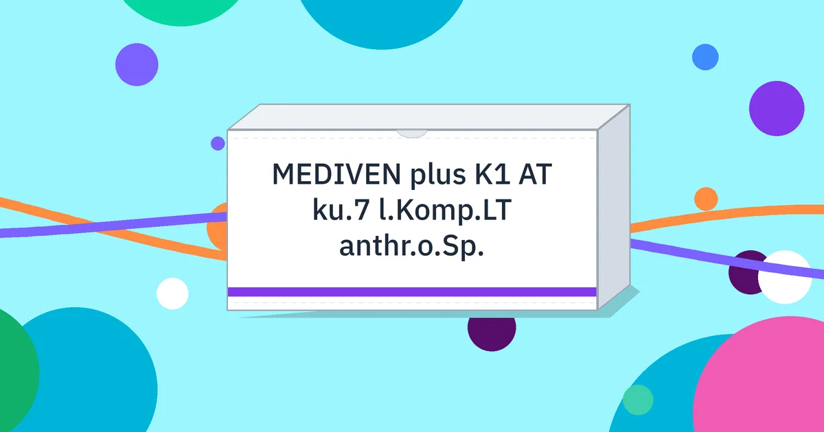 Symbolbild: Packung mit der Aufschrift MEDIVEN plus K1 AT ku.7 l.Komp.LT anthr.o.Sp. (PZN 15028820) – Verfügbarkeit und Bezug in Apotheken in Frankfurt am Main