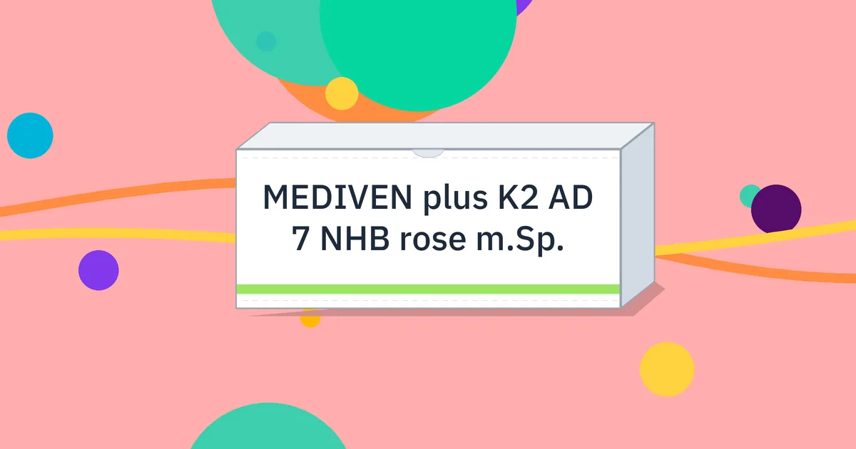 Symbolbild: Packung mit der Aufschrift MEDIVEN plus K2 AD 7 NHB rose m.Sp. (PZN 15936629) – Verfügbarkeit und Bezug in Apotheken in Frankfurt am Main