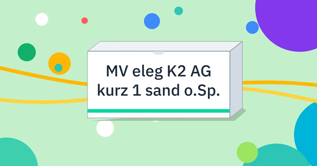 Symbolbild: Packung mit der Aufschrift MV eleg K2 AG kurz 1 sand o.Sp. (PZN 18924791) – Verfügbarkeit und Bezug in Apotheken in Frankfurt am Main