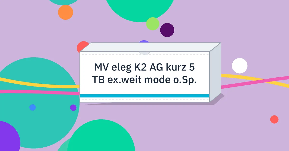 Symbolbild: Packung mit der Aufschrift MV eleg K2 AG kurz 5 TB ex.weit mode o.Sp. (PZN 09880327) – Verfügbarkeit und Bezug in Apotheken in Frankfurt am Main