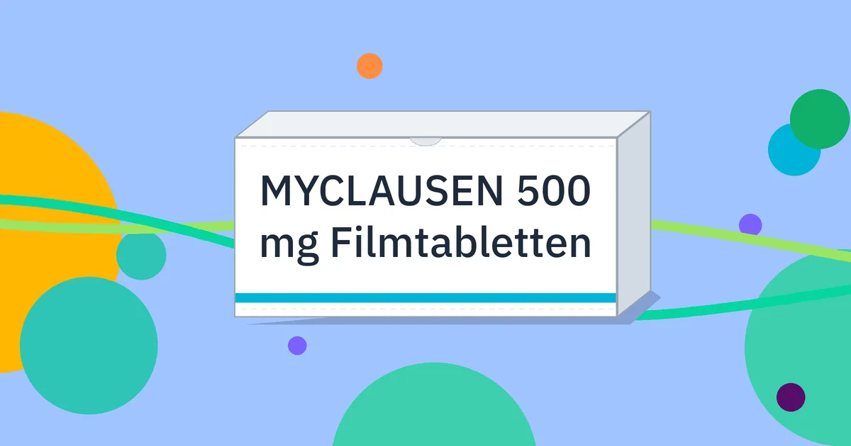Symbolbild: Packung mit der Aufschrift MYCLAUSEN 500 mg Filmtabletten (PZN 08928196) – Verfügbarkeit und Bezug in Apotheken in Frankfurt am Main