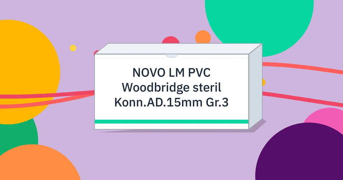 Symbolbild: Packung mit der Aufschrift NOVO LM PVC Woodbridge steril Konn.AD.15mm Gr.3 (PZN 18491808) – Verfügbarkeit und Bezug in Apotheken in Frankfurt am Main