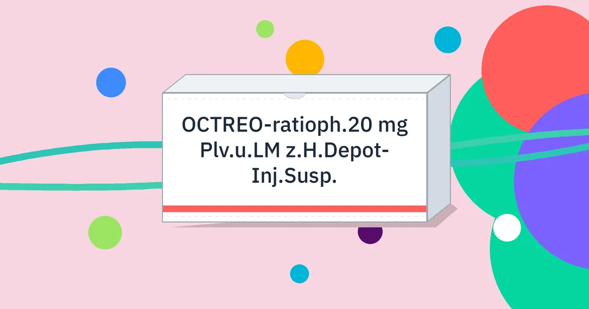 Symbolbild: Packung mit der Aufschrift OCTREO-ratioph.20 mg Plv.u.LM z.H.Depot-Inj.Susp. (PZN 14061229) – Verfügbarkeit und Bezug in Apotheken in Frankfurt am Main