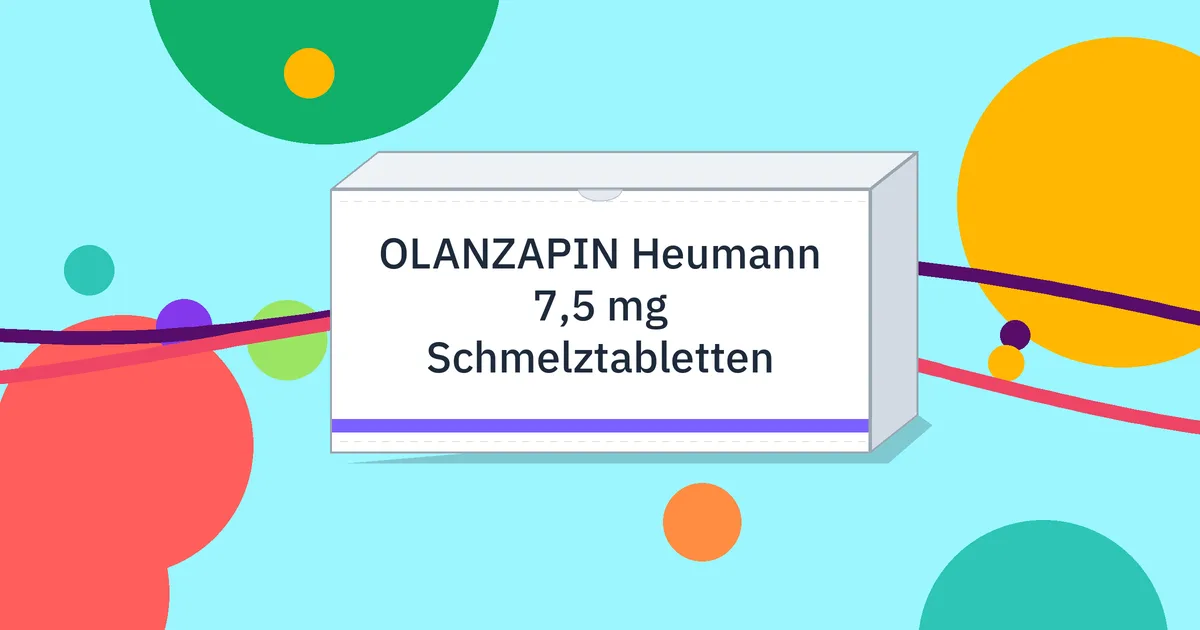 Symbolbild: Packung mit der Aufschrift OLANZAPIN Heumann 7,5 mg Schmelztabletten (PZN 08850459) – Verfügbarkeit und Bezug in Apotheken in Frankfurt am Main