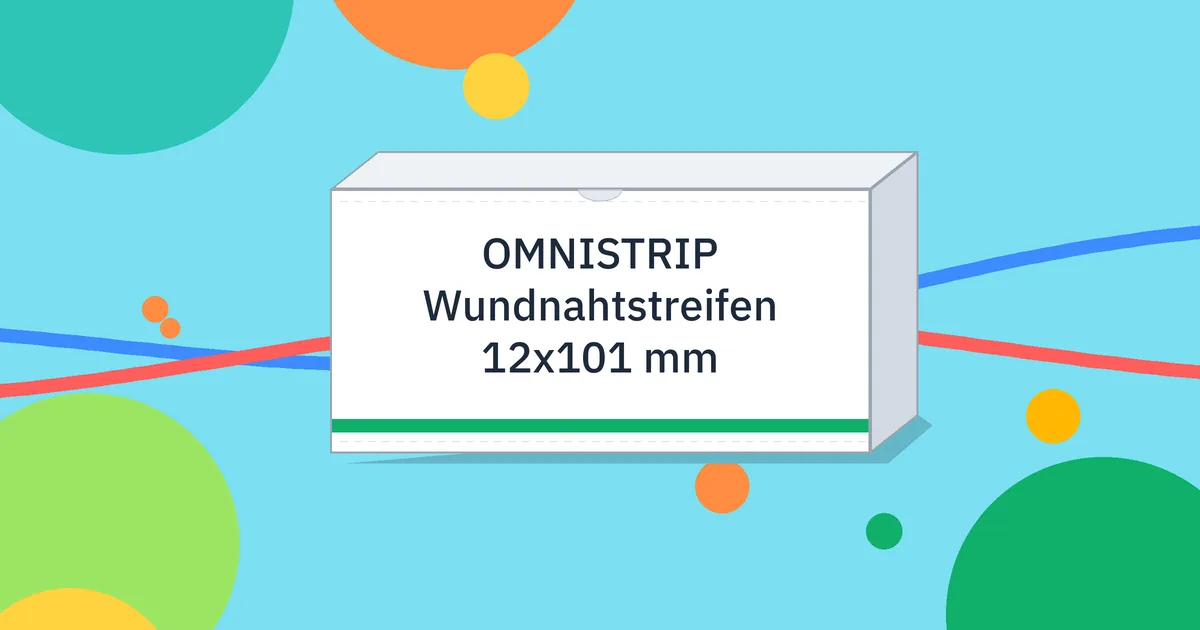 Symbolbild: Packung mit der Aufschrift OMNISTRIP Wundnahtstreifen 12x101 mm (PZN 00761673) – Verfügbarkeit und Bezug in Apotheken in Frankfurt am Main