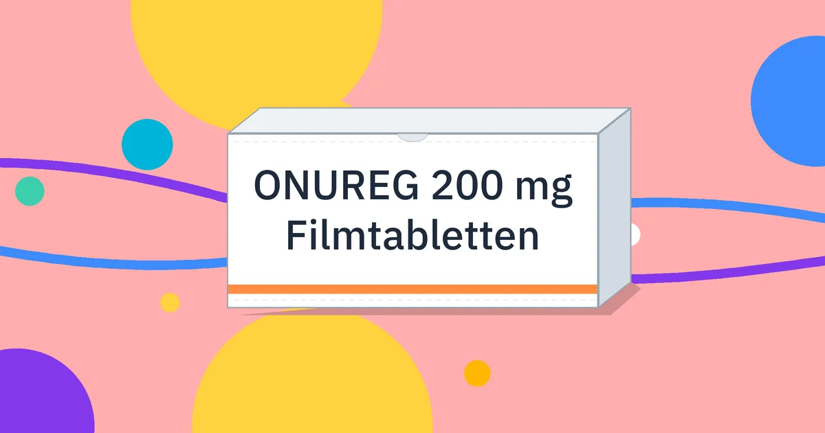 Symbolbild: Packung mit der Aufschrift ONUREG 200 mg Filmtabletten (PZN 20372175) – Verfügbarkeit und Bezug in Apotheken in Frankfurt am Main