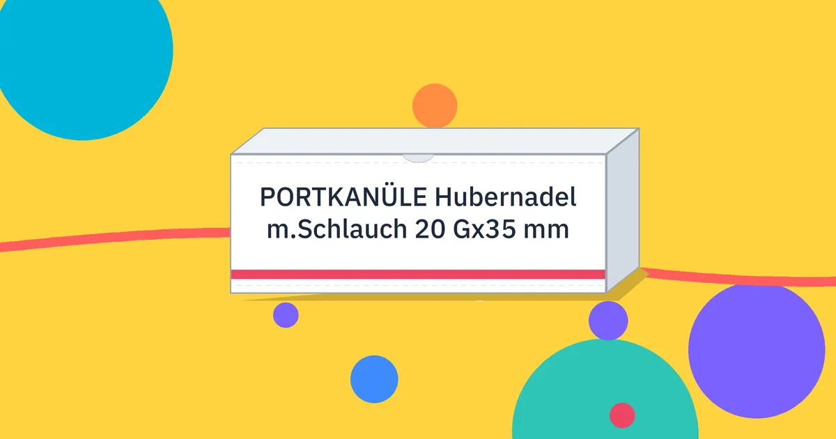 Symbolbild: Packung mit der Aufschrift PORTKANÜLE Hubernadel m.Schlauch 20 Gx35 mm (PZN 12497773) – Verfügbarkeit und Bezug in Apotheken in Frankfurt am Main