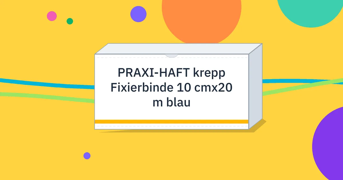Symbolbild: Packung mit der Aufschrift PRAXI-HAFT krepp Fixierbinde 10 cmx20 m blau (PZN 12826260) – Verfügbarkeit und Bezug in Apotheken in Frankfurt am Main