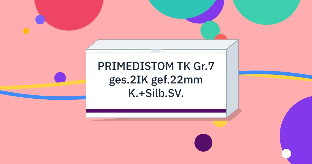 Symbolbild: Packung mit der Aufschrift PRIMEDISTOM TK Gr.7 ges.2IK gef.22mm K.+Silb.SV. (PZN 10980301) – Verfügbarkeit und Bezug in Apotheken in Frankfurt am Main