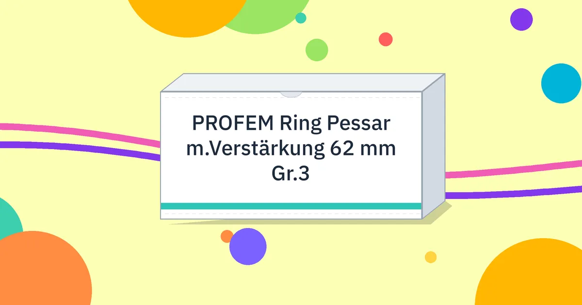 Symbolbild: Packung mit der Aufschrift PROFEM Ring Pessar m.Verstärkung 62 mm Gr.3 (PZN 11672429) – Verfügbarkeit und Bezug in Apotheken in Frankfurt am Main