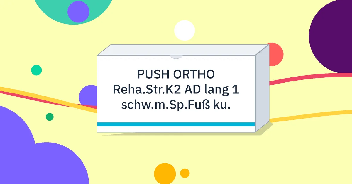 Symbolbild: Packung mit der Aufschrift PUSH ORTHO Reha.Str.K2 AD lang 1 schw.m.Sp.Fuß ku. (PZN 19157483) – Verfügbarkeit und Bezug in Apotheken in Frankfurt am Main