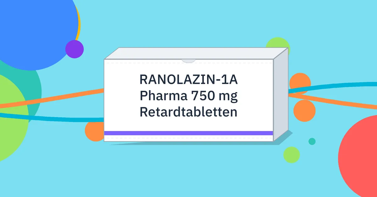 Symbolbild: Packung mit der Aufschrift RANOLAZIN-1A Pharma 750 mg Retardtabletten (PZN 19375116) – Verfügbarkeit und Bezug in Apotheken in Frankfurt am Main