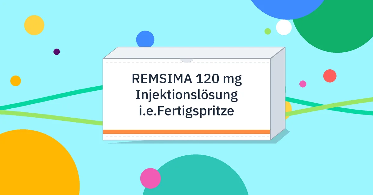 Symbolbild: Packung mit der Aufschrift REMSIMA 120 mg Injektionslösung i.e.Fertigspritze (PZN 18454776) – Verfügbarkeit und Bezug in Apotheken in Frankfurt am Main