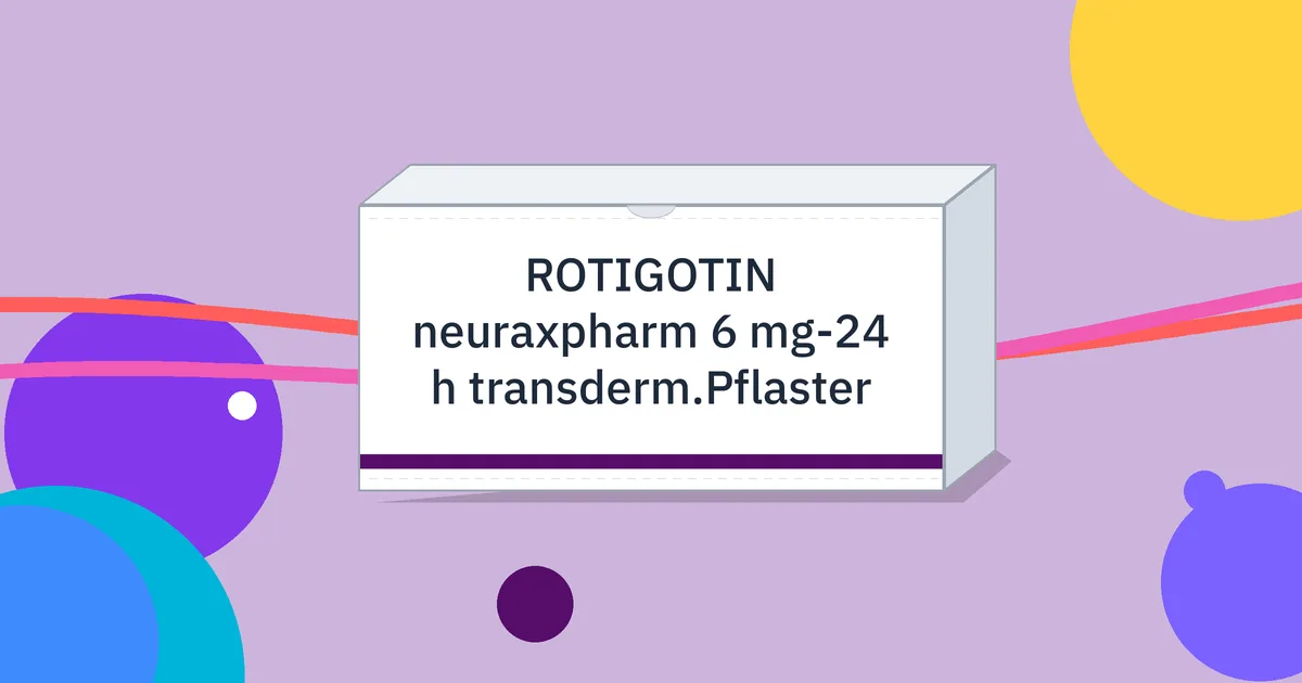 Symbolbild: Packung mit der Aufschrift ROTIGOTIN neuraxpharm 6 mg-24 h transderm.Pflaster (PZN 10061296) – Verfügbarkeit und Bezug in Apotheken in Frankfurt am Main