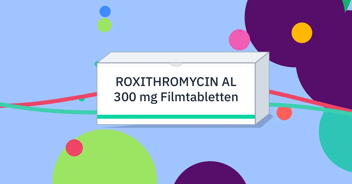 Symbolbild: Packung mit der Aufschrift ROXITHROMYCIN AL 300 mg Filmtabletten (PZN 01867913) – Verfügbarkeit und Bezug in Apotheken in Frankfurt am Main
