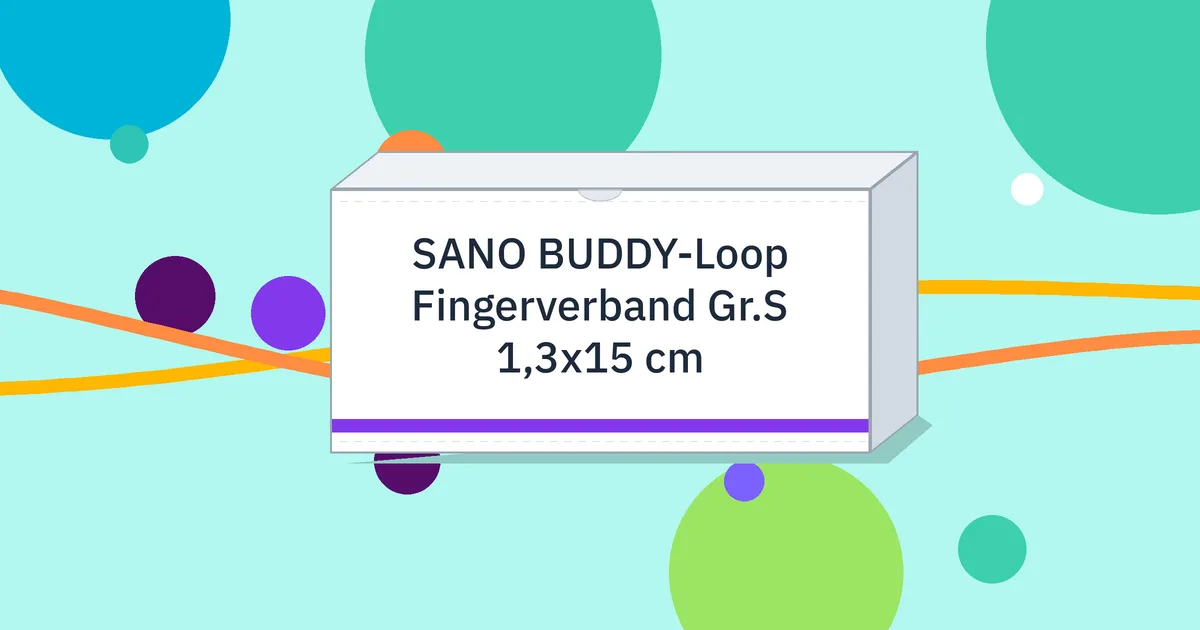 Symbolbild: Packung mit der Aufschrift SANO BUDDY-Loop Fingerverband Gr.S 1,3x15 cm (PZN 13159469) – Verfügbarkeit und Bezug in Apotheken in Frankfurt am Main
