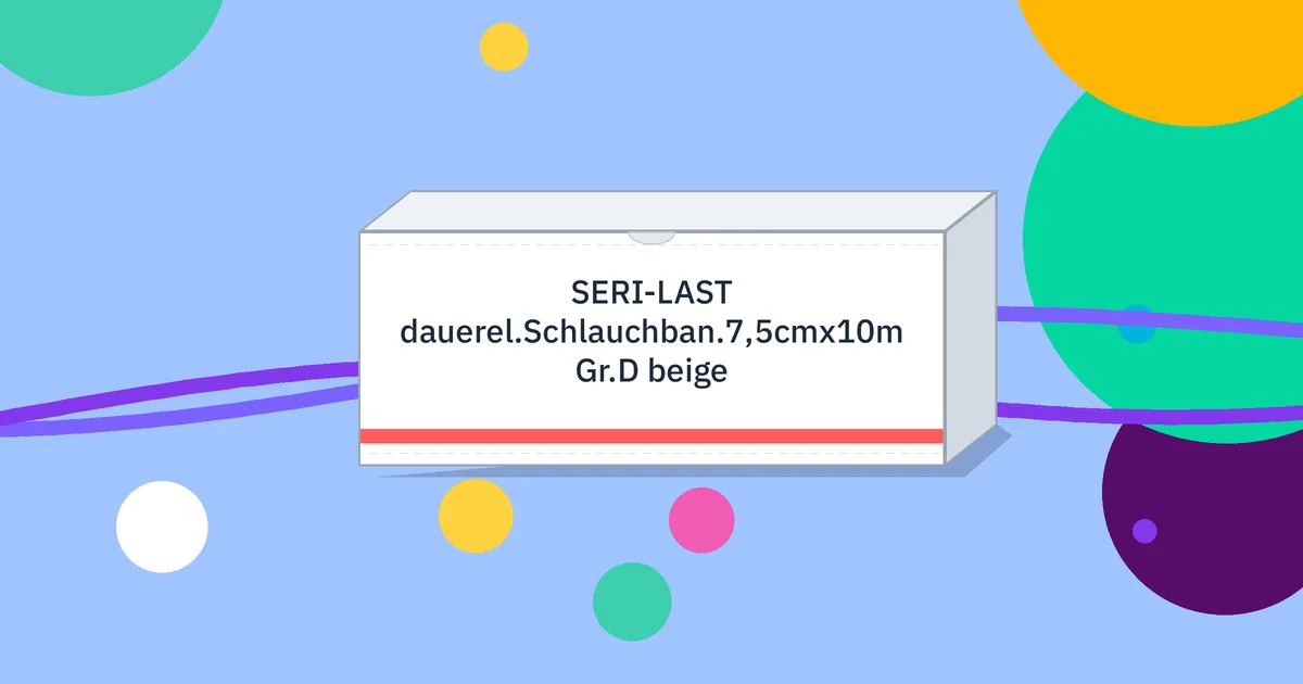 Symbolbild: Packung mit der Aufschrift SERI-LAST dauerel.Schlauchban.7,5cmx10m Gr.D beige (PZN 19836907) – Verfügbarkeit und Bezug in Apotheken in Frankfurt am Main