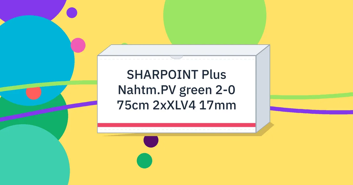 Symbolbild: Packung mit der Aufschrift SHARPOINT Plus Nahtm.PV green 2-0 75cm 2xXLV4 17mm (PZN 17996481) – Verfügbarkeit und Bezug in Apotheken in Frankfurt am Main