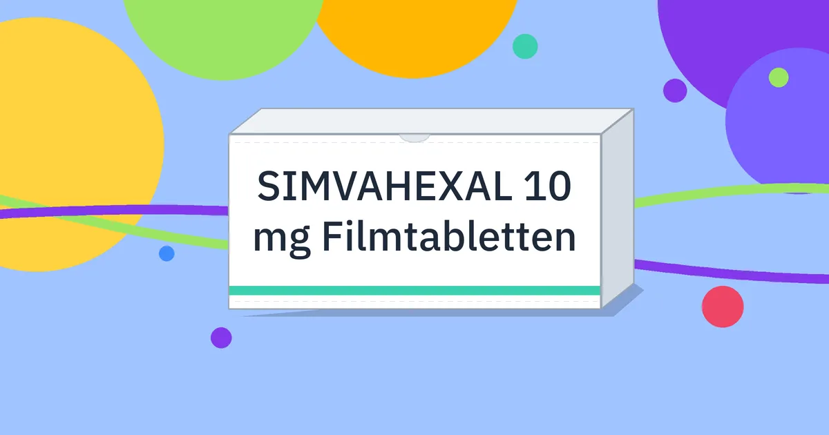 Symbolbild: Packung mit der Aufschrift SIMVAHEXAL 10 mg Filmtabletten (PZN 02846557) – Verfügbarkeit und Bezug in Apotheken in Frankfurt am Main