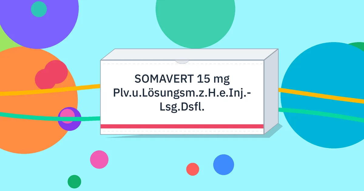Symbolbild: Packung mit der Aufschrift SOMAVERT 15 mg Plv.u.Lösungsm.z.H.e.Inj.-Lsg.Dsfl. (PZN 16783122) – Verfügbarkeit und Bezug in Apotheken in Frankfurt am Main
