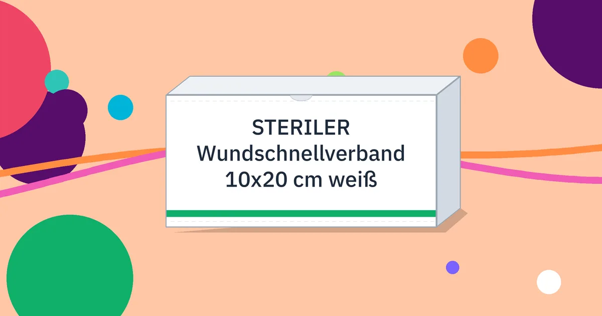 Symbolbild: Packung mit der Aufschrift STERILER Wundschnellverband 10x20 cm weiß (PZN 20032640) – Verfügbarkeit und Bezug in Apotheken in Frankfurt am Main