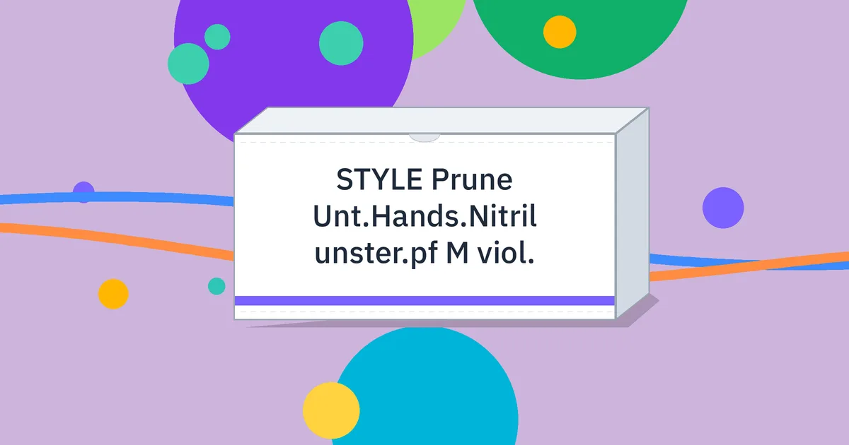 Symbolbild: Packung mit der Aufschrift STYLE Prune Unt.Hands.Nitril unster.pf M viol. (PZN 14819755) – Verfügbarkeit und Bezug in Apotheken in Frankfurt am Main