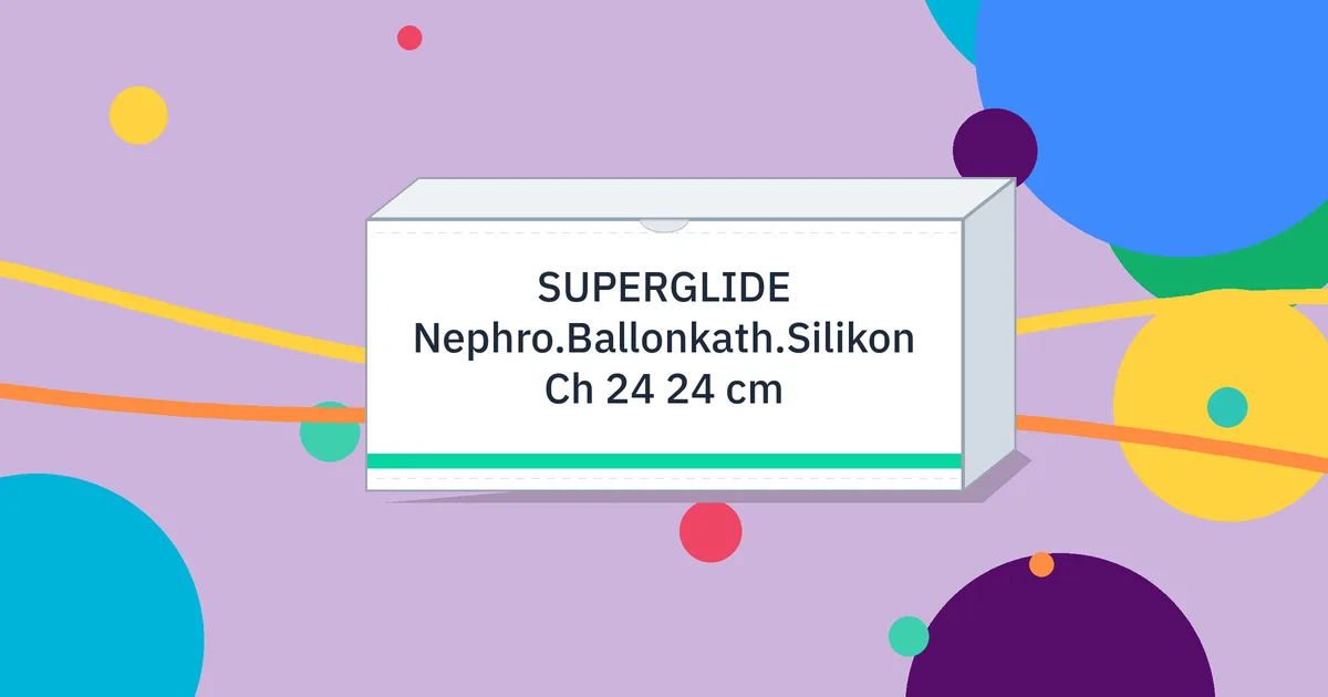 Symbolbild: Packung mit der Aufschrift SUPERGLIDE Nephro.Ballonkath.Silikon Ch 24 24 cm (PZN 05034587) – Verfügbarkeit und Bezug in Apotheken in Frankfurt am Main