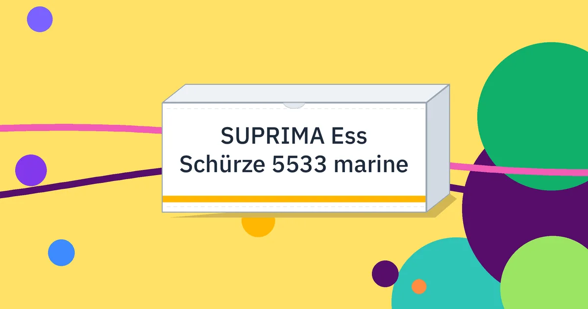 Symbolbild: Packung mit der Aufschrift SUPRIMA Ess Schürze 5533 marine (PZN 02856722) – Verfügbarkeit und Bezug in Apotheken in Frankfurt am Main