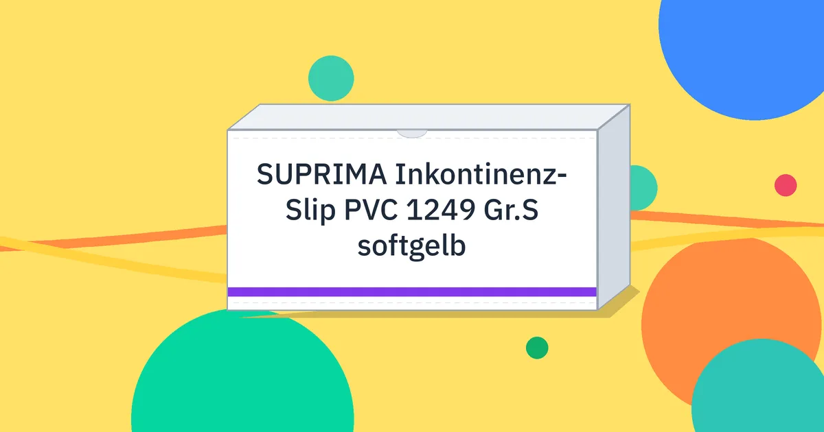 Symbolbild: Packung mit der Aufschrift SUPRIMA Inkontinenz-Slip PVC 1249 Gr.S softgelb (PZN 02061796) – Verfügbarkeit und Bezug in Apotheken in Frankfurt am Main