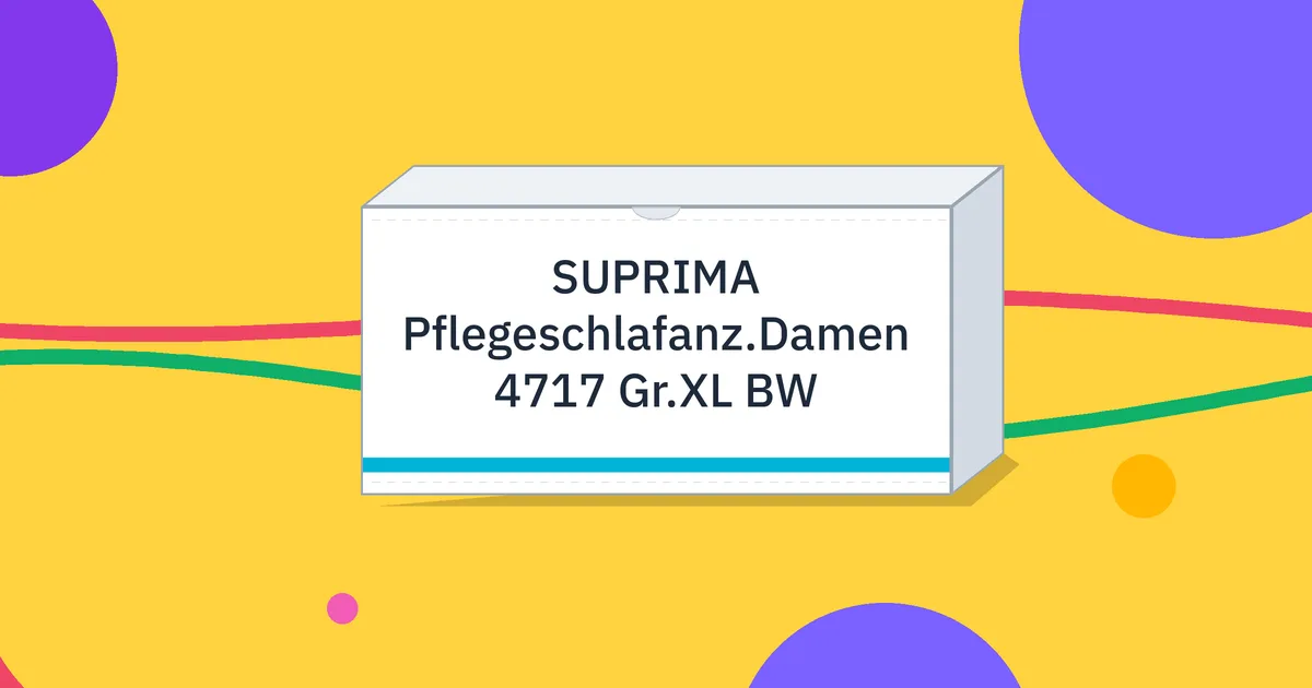Symbolbild: Packung mit der Aufschrift SUPRIMA Pflegeschlafanz.Damen 4717 Gr.XL BW (PZN 16321781) – Verfügbarkeit und Bezug in Apotheken in Frankfurt am Main