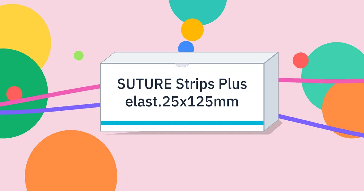Symbolbild: Packung mit der Aufschrift SUTURE Strips Plus elast.25x125mm (PZN 03637241) – Verfügbarkeit und Bezug in Apotheken in Frankfurt am Main