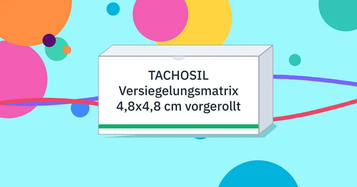 Symbolbild: Packung mit der Aufschrift TACHOSIL Versiegelungsmatrix 4,8x4,8 cm vorgerollt (PZN 10963461) – Verfügbarkeit und Bezug in Apotheken in Frankfurt am Main