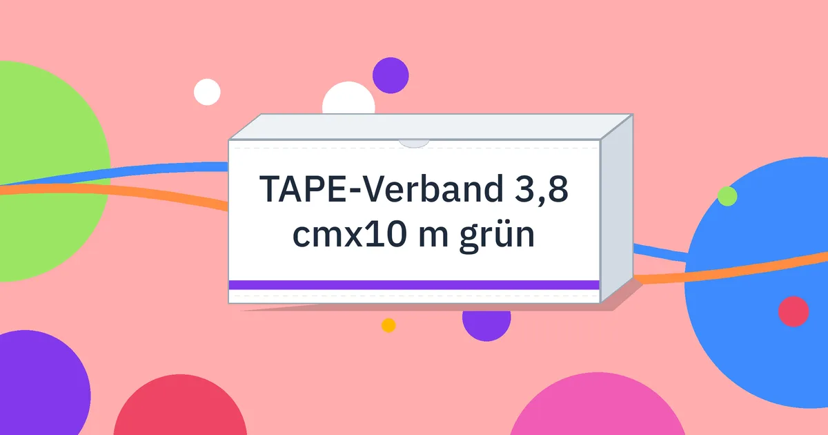 Symbolbild: Packung mit der Aufschrift TAPE-Verband 3,8 cmx10 m grün (PZN 04881492) – Verfügbarkeit und Bezug in Apotheken in Frankfurt am Main