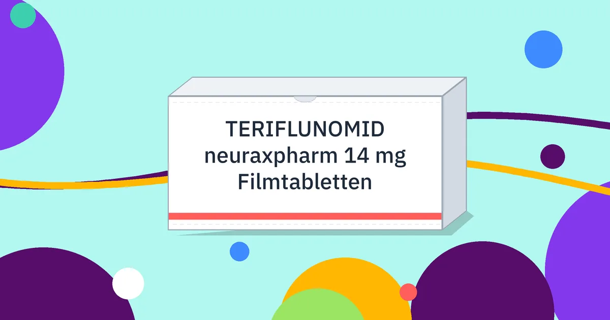 Symbolbild: Packung mit der Aufschrift TERIFLUNOMID neuraxpharm 14 mg Filmtabletten (PZN 10061273) – Verfügbarkeit und Bezug in Apotheken in Frankfurt am Main