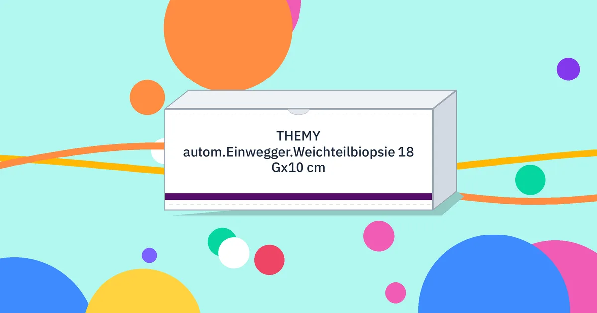 Symbolbild: Packung mit der Aufschrift THEMY autom.Einwegger.Weichteilbiopsie 18 Gx10 cm (PZN 19737401) – Verfügbarkeit und Bezug in Apotheken in Frankfurt am Main