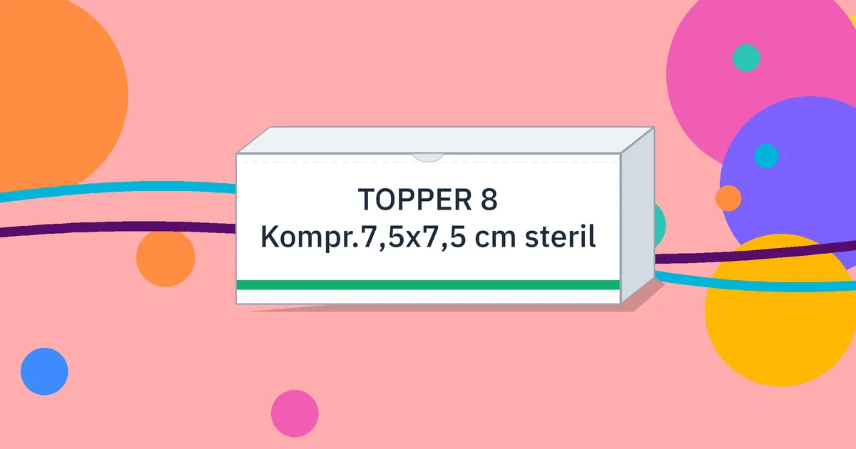 Symbolbild: Packung mit der Aufschrift TOPPER 8 Kompr.7,5x7,5 cm steril (PZN 03306024) – Verfügbarkeit und Bezug in Apotheken in Frankfurt am Main