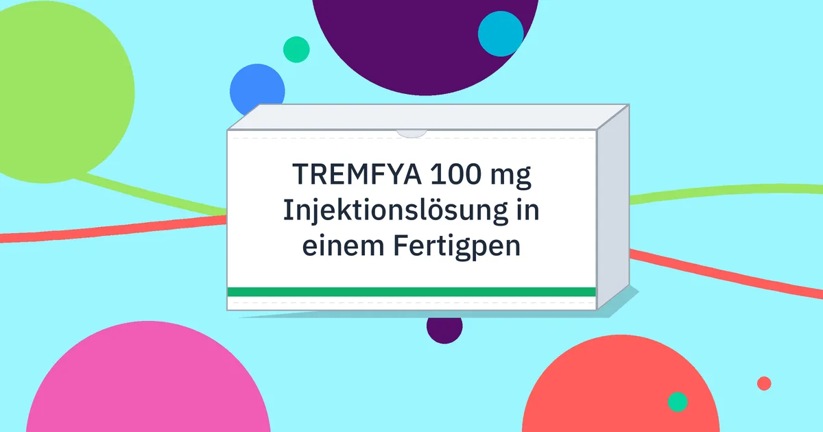 Symbolbild: Packung mit der Aufschrift TREMFYA 100 mg Injektionslösung in einem Fertigpen (PZN 18159758) – Verfügbarkeit und Bezug in Apotheken in Frankfurt am Main